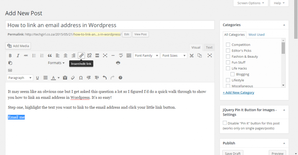 How to link an email address in Wordpress - Tech Girl